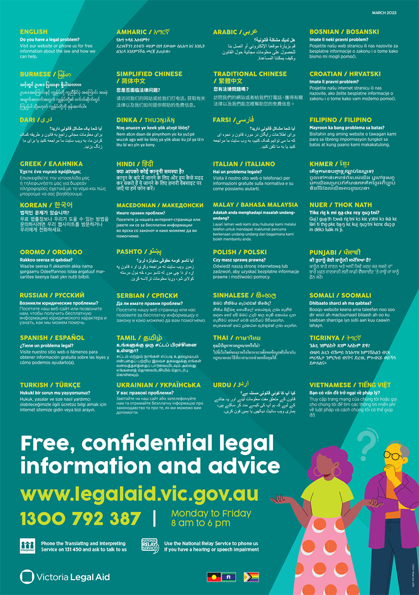 Victoria Legal Aid help poster (multilingual) | Victoria Legal Aid