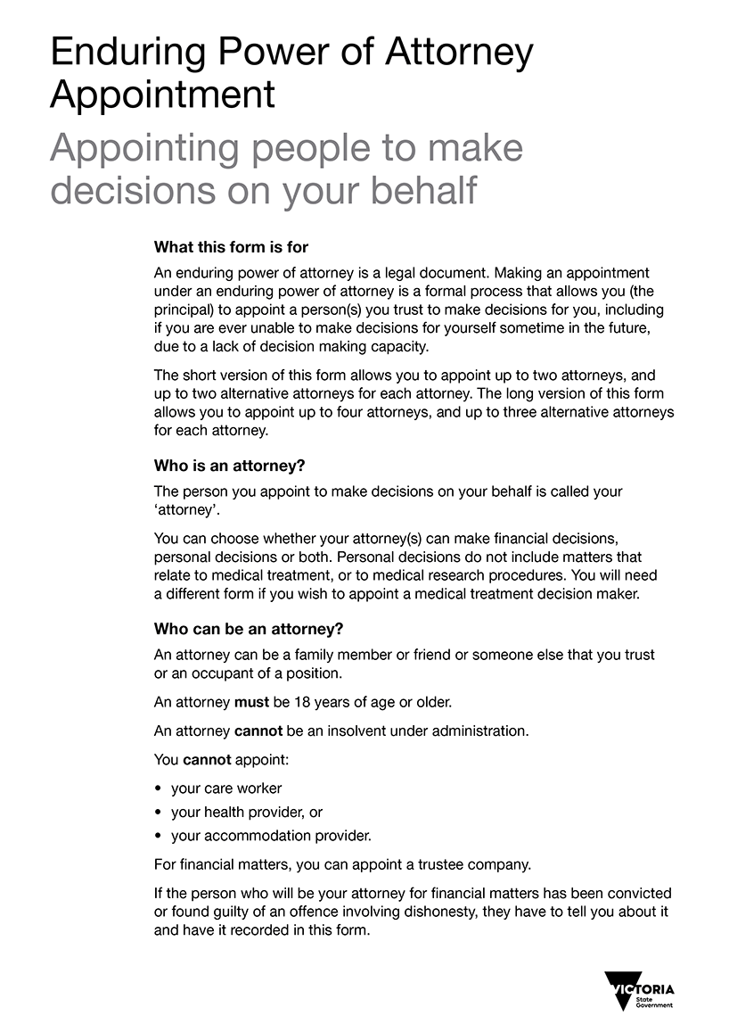 Enduring power of attorney appointment form – short version | Victoria ...